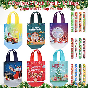 Christmas Gift Bags,12pcs Christmas Treat Bags Non-woven Waterproof Christmas Goodie Bag,Reusable Christmas Bags Bulk Party Favors Supplies Extra with 12 Pcs Christmas Slap Bracelets,8.3"*4.7"*10"