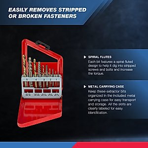 NEIKO 01925A Screw-Extractor And Left-Hand Drill-Bit Set, HSS M2 Steel Drill Bits, Alloy Spiral Flutes, Reverse Drill-Bit And Bolt Extractor, Easily Remove Stripped Screws And Broken Bolts, 10 Pieces