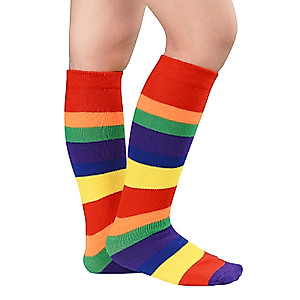 American Trends Toddler Soccer Socks Stripes Knee High Tube Socks Cotton Uniform Sports Socks for Toddler Girls 1 Pack Colorful Rainbow