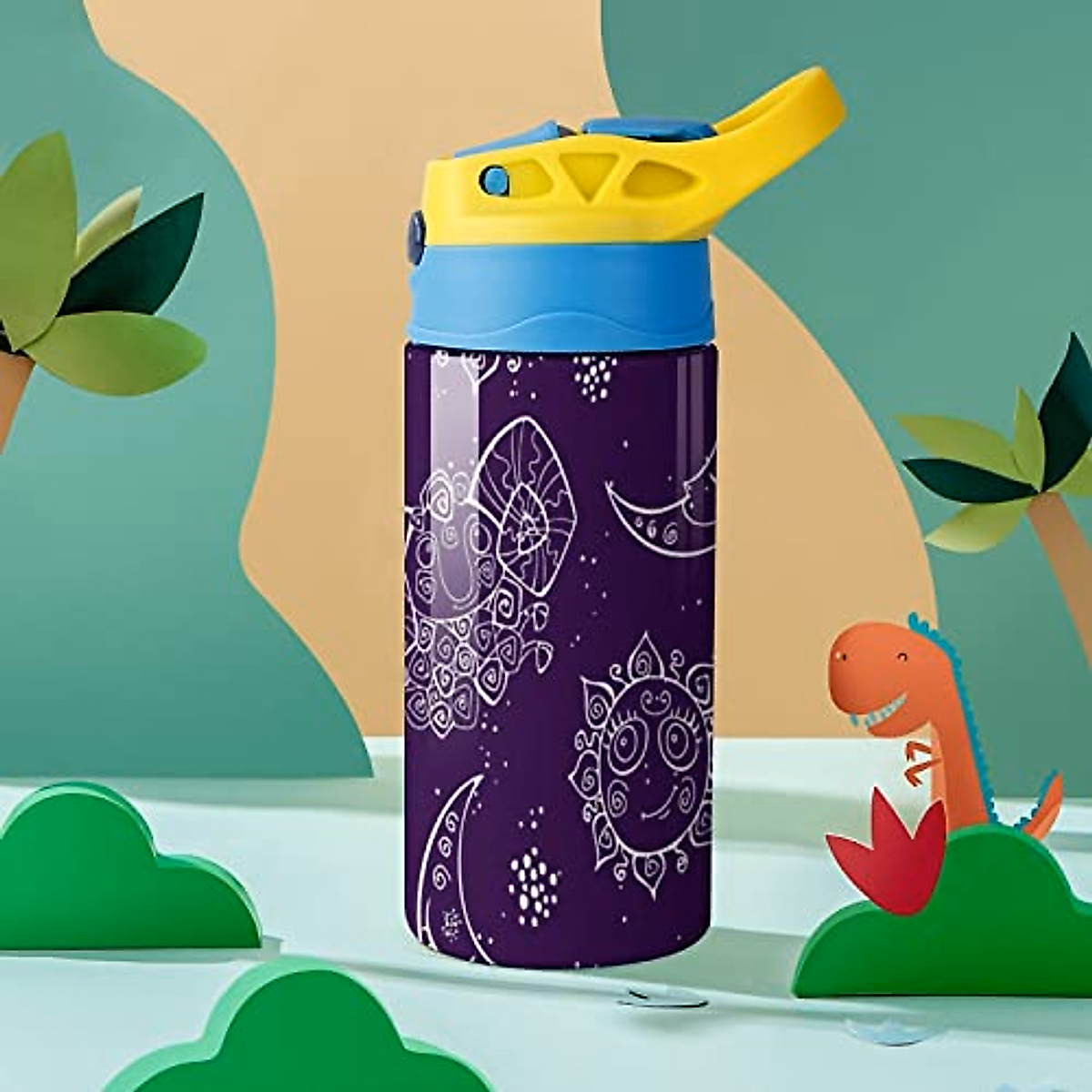 Thermos Cup 500Ml Sun Moon Insulated Water Bottle With Straw For Sports And Travel 7.5x2.7 in