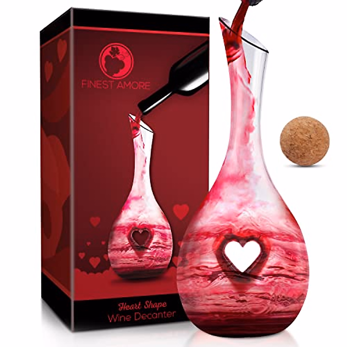 Finest Amore Wine Decanter - 1200ml Heart Shaped Red Wine Carafe with Stopper - Hand Blown Lead-free Crystal Glass, Wine Gift, Wine Accessories