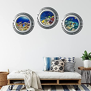 Erllsino 3Pcs Ocean World Wall Stickers 3D Porthole Under The Sea Wall Sticker Sea Life Wall Decals Removable Fish Coral Reef Wall Stickers Ocean Animal Wall Decal Mural for Room Nursery