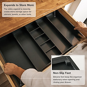 KitchenEdge Adjustable Kitchen Drawer Organizer for Utensils and Junk, Food-Safe Contract Grade with 100% Sustainable Wood, Non-Slip, Expandable from 16 to 28 Inches Wide - Black Bamboo