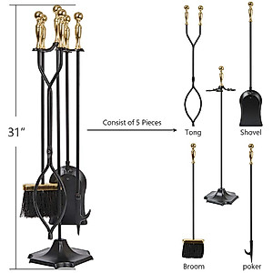 AMAGABELI GARDEN & HOME Fireplace Tools Set 5 Pc Lrg Gold Handle Wrought Iron Fire Set with Stand Holder Fireset Fire Pit Indoor Outdoor Tongs Shovel Antique Brush Poker Wood Stove Hearth Accessories