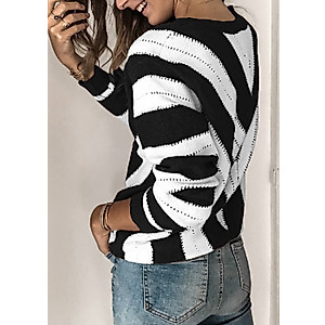 PRETTYGARDEN Women's Fashion Long Sleeve Striped Color Block Knitted Sweater Crew Neck Loose Pullover Jumper Tops (Striped Black,Medium)