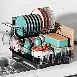 LAMSTOM Dish Drying Rack for Kitchen Organization, 2 Tier Large Dish Rack with Drainage/Wine Glass Holder/Utensil Holder, Bottle Drying Rack Drainboard Set for Countertop, Corners, Windowsills(Black)