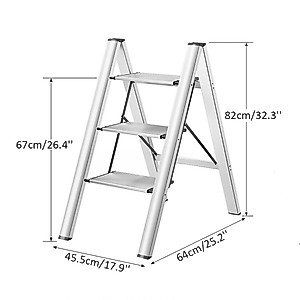 LIYIVNAA 3 Step Ladder Folding Step Stool with Anti-Slip Wide Pedal 330lbs Capacity Lightweight Portable Aluminum Silver Stepladder Household Tool for Home Kitchen Office