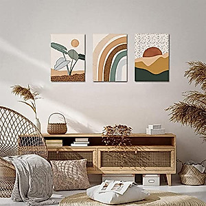 Boho Wall Art Set Of 3, Canvas Print Mid-Century Modern Wall Art Decor 12"x16" Framed Minimalist Sun Plant Geometric Abstract Neutral Boho Wall Decor for Bedroom, Bathroom, Living Room, Office