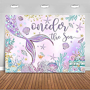 Mocsicka Oneder The Sea 1st Birthday Backdrop 7x5ft Purple Mermaid Under The Sea Happy First Birthday Party Decorations for Girls Starfish Shell Seaweed Photography Background