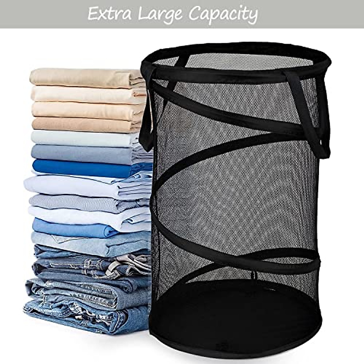 BATTOO Large Collapsible Laundry Basket Foldable Mesh Pop Up Hamper with Handles for Laundry Room, Bathroom, Kids Room, College Dorm, Travel, Storage Organizer Black