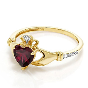 Gem Stone King 10K Yellow Gold Irish Celtic Claddagh Red Rhodolite Garnet and Diamond Accent Engagement Ring For Women (0.78 Cttw, Available in size 5, 6, 7, 8, 9)