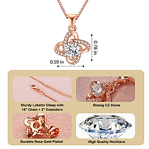 WSKFLY 14K Gold Plated Cubic Zirconia Necklace, Love Knot Diamond Pendant Necklace for Women (Rose Gold)