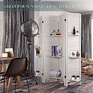 ECOMEX 4 Panel Room Divider with Shelves 5.6Ft Tall Folding Privacy Screens Room Dividers for Bedroom Home Double Hinged Wooden Room Dividers and Room Separator, White