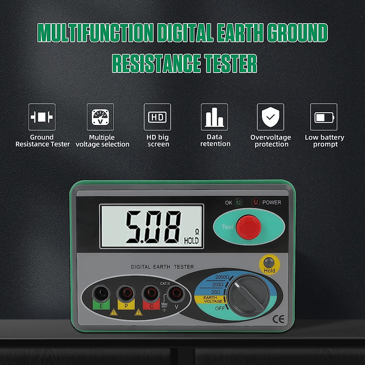 Ground Resistance Meters, Digital Earth Ground Resistance Tester 0-2000 Ohm, Multimeter Resistance Measurer Multifunction Ground Megohmmeter Measurer Resolution 0.01Ω