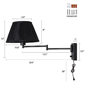 Plug in Wall Sconce 17"Swing Arm Wall Lamp with Plug in Cord and Dimmable Switch Black Sconces Wall Lighting with USB Port and AC Outlet Wall Mounted Lamp Suitable for Bedroom Living Room hallway.