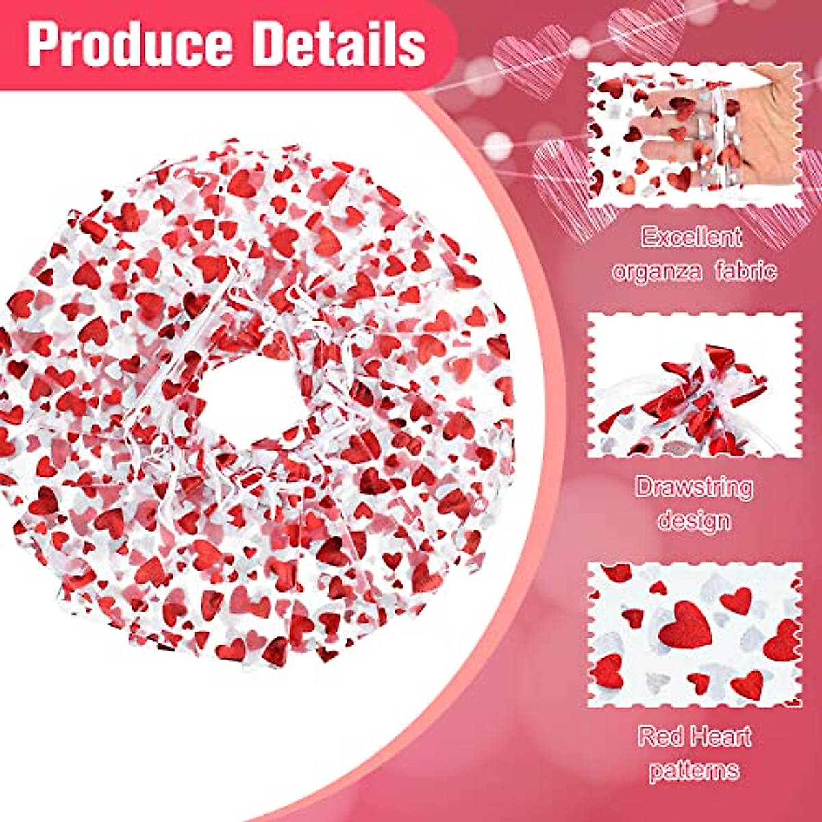 300 Pcs Valentine's Day Heart Candy Bags Organza Jewelry Pouches Drawstring Bags Valentine Love Heart Gift Bags Wedding Gift Pouch Drawstring Pouch for Gift Packaging (Heart Pattern, 3.94 x 4.72 Inch)