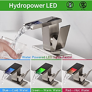 Skybathjoy LED Bathroom Sink Faucet Waterfall with Drian Assembly 1 Hole Brushed Nickel Single Hole Handle RV Bath Vanity Faucets for Sinks 1 Hole Water Supply Lines, Stainless Steel Spout