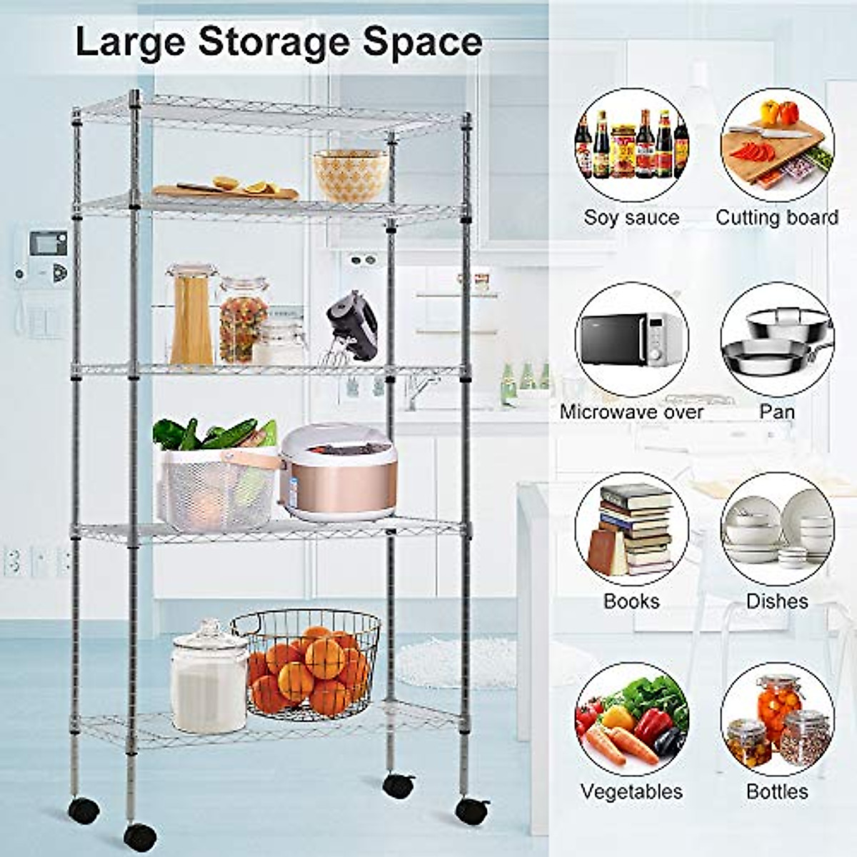 5 Tier Storage Shelves Wire Shelving Unit Garage Metal Rack 14Dx30Wx60H Adjustable NSF Sturdy Steel Layer Shelf Commercial Utility Organizer Shelving with Wheels for Bathroom Kitchen Laundry, (Chrome)