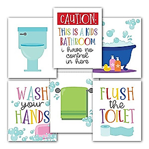 6 Reversible Kids Colorful Bathroom Decor Wall Art 8x10 - Funny Bathroom Wall Art Bathroom Wall Decor, Kids Bathroom Decor For Bathroom Pictures, Bathroom Rules Wall Decor, Funny Bathroom Signs Decor