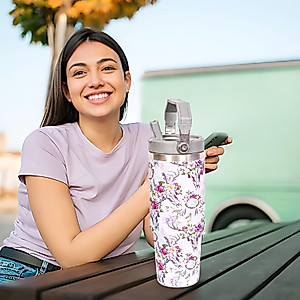 PRAGDUCT Cow Skull Tumbler with Handle and Lid Straw, 30 oz Stainless Steel Travel Mug for Hot and Cold Drinks, Mother's Day gift West Floral Design (White cow skull, 30OZ)