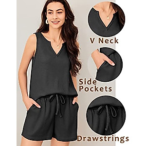 Ekouaer Womens Lounge Sets Sleeveless T-shirts and Shorts 2 Piece Waffle Pajamas Sleepwear Loungewear V Neck Matching Outfits Black Medium