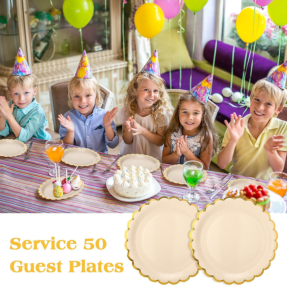 Maxcheck 50 Pcs Creamy White Scalloped Paper Plates with Gold Foil 9 Inches Disposable Paper Party Plates for Cake Dessert Birthday Baby Shower Wedding Tea Party Supplies