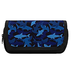 Blue Camo Sharks Large Capacity Pencil Case Multi-Slot Pencil Bag Portable Pen Storage Pouch with Zipper