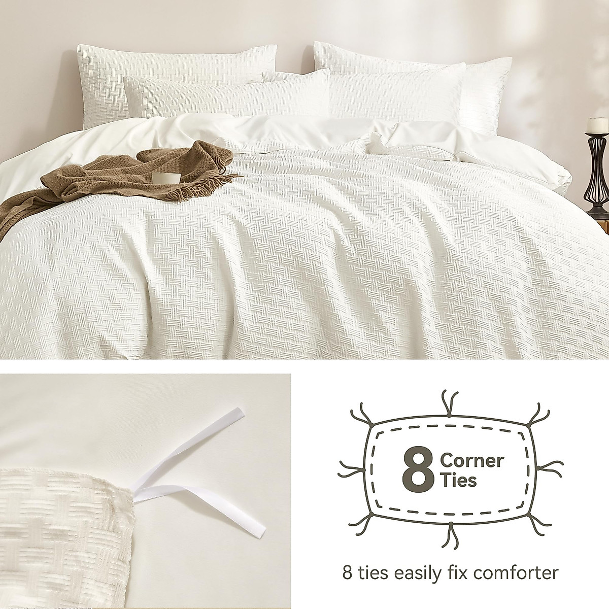 JELLYMONI White Duvet Cover Twin Size - 3 Pieces Soft and Breathable Microfiber Knitted Jacquard Waffle Weave Striped Comforter Cover with 8 Corner Ties & Zipper Closure