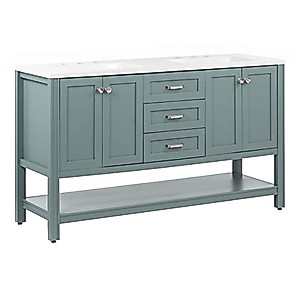 Spring Mill Cabinets Eaton Double Bathroom Vanity with 2 Cabinets, 3 Drawers, Open Shelf, Sink, 60.25" W x 18.75" D x 35.41" H, Sage/White Top