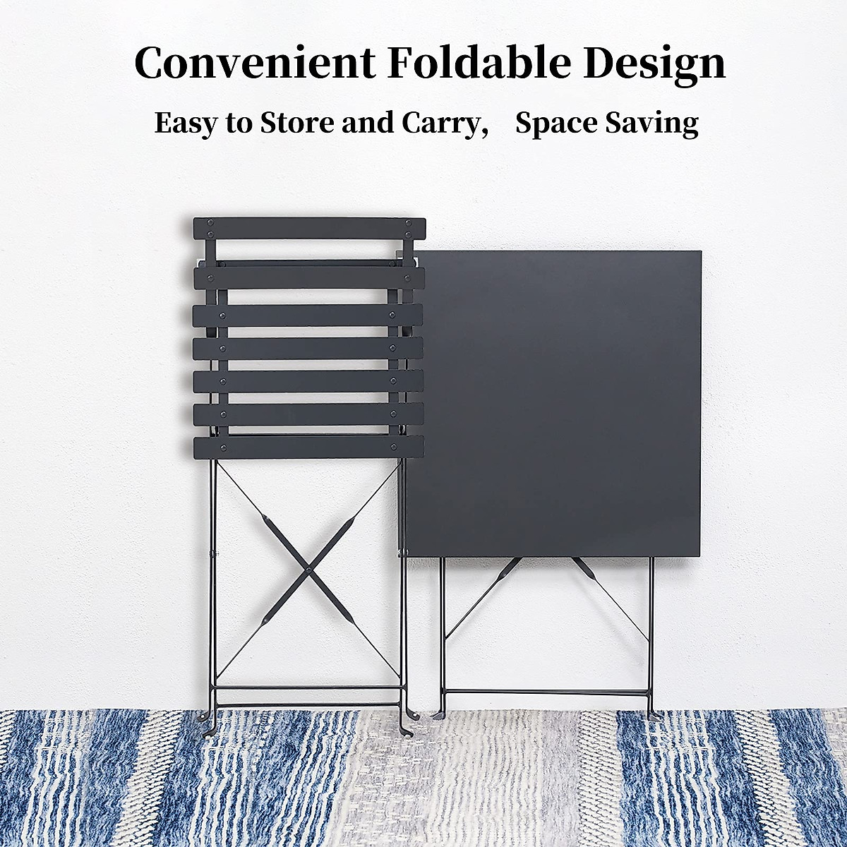 SUMETURE Patio Bistro Set (3Pcs, Grey) - Folding Outdoor Furniture, Modern Furniture with Anti-Skid Pads, Space-Saver for Patio, Yard, Garden, Indoor Use