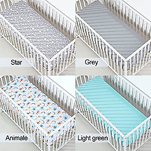 bimocosy Fitted Crib Sheets for Boys 4 Pack, Size 28"x 52" for Standard Crib and Toddler Mattresses, Super Soft Breathable Microfiber Baby Crib Mattress Sheet, Stars/Woodland Animals/Grey/Light Green