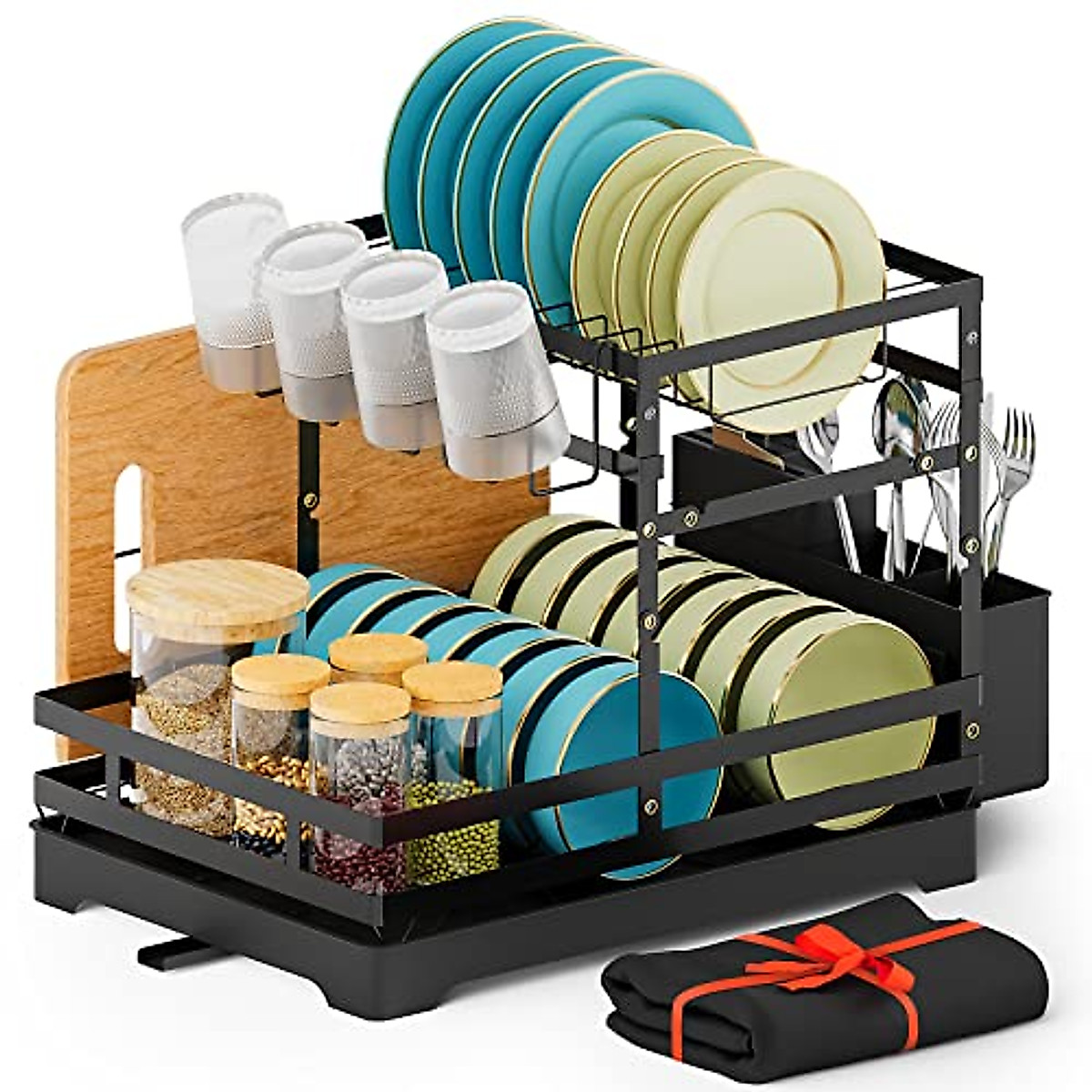 BBXTYLY Large Dish Drying Rack, 2 Tier Collapsible Dish Racks with Drainboard，Drainage, Wine Glass Holder, Utensil Holder and Extra Drying Mat, Dish Drainers for Kitchen Counter (Black)