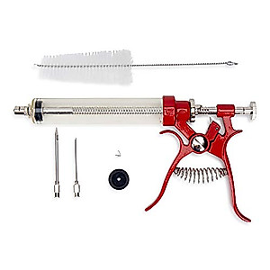 Butcher BBQ Pistol Grip Gourmet Meat Injector Syringe | Metal Handle | 50cc Pistol Grip Injection Syringe | 2 Different Needles for Different Meats | BBQ Smoker Accessories | Tailgating Accessories