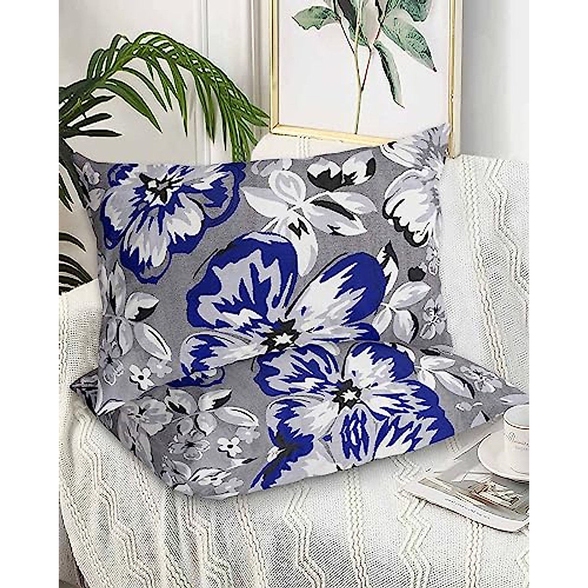 Spring Floral Pillow Covers King Standard Set of 2 Bed Pillow, Navy Blue Summer Flower Farmhouse White Grey Plush Soft Comfort for Hair/ Skin Cooling Pillowcases with Envelop Closure 20''x36''