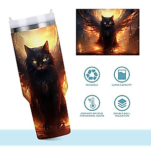 ARGTILDN 40 oz Tumbler Black Cat Fire Insulated Travel Mug with Handle and Straw Lid Stainless Steel Vacuum Coffee Cup Tea Beverage Container Water Bottles for Car Sports office