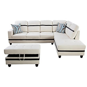 HOMVET L-Shaped Corner 5 Seaters Chaise & Storage Ottoman,Modern Faux Leather Sectional & Sofa Couch with 2 Pillows for Home Office Apartment Living Room Furniture Sets, PU Right, White and Black