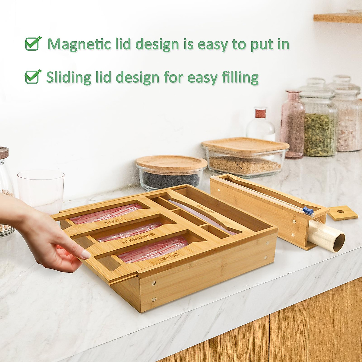 6 in 1 Plastic Bag Organizer with mag Foil and Saran Wrap Dispenser With Cutter For Kitchen Drawer- Bamboo Food Storage Organizer Perfect For Plastic Ziploc，Gallon，Quart Variety Size Bags & 12” Rolls