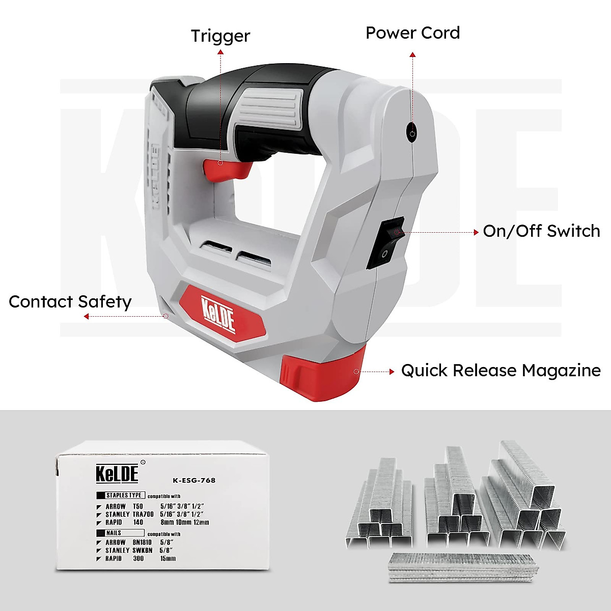 KeLDE 2 in 1 Cordless Staple Gun/Nail Gun Kit, 2000mAh Li-ion Rechargeable Stapler Battery Power Staple Gun for Upholstery, Wood, Furniture DIY with 900pc T50 Staples and 300pc 5/8" Nails
