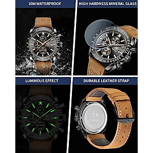 BY BENYAR Mens Watches Analog Quartz Chronograph Waterproof Luminous Watch for Men Business Work Sport Casual Fashion Brown Leather Band Dress Men's Wrist Watches Elegant Gifts for Men Father's Day