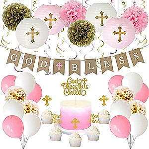 Baptism Decorations for Girls, First Communion Decorations, Christening Decor 1st Holy Communion Party Supplies God Bless Banner Pink Party