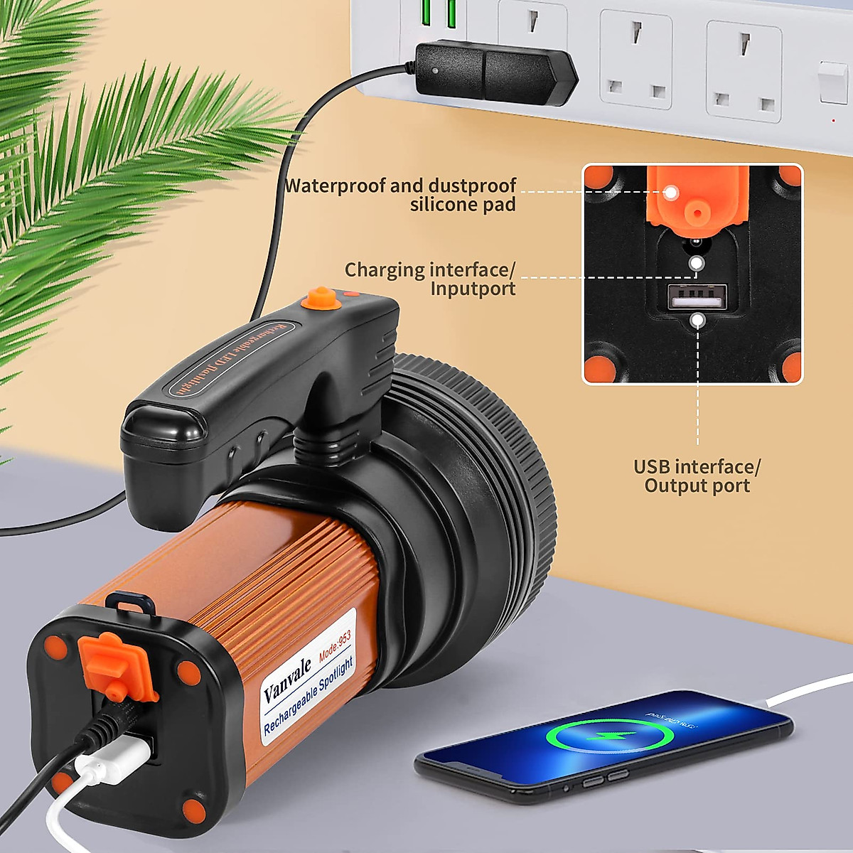 Vanvale Rechargeable Searchlight Handheld LED Tactical Flashlight with Handle Spotlight 6000 Lumens High-Power Super Bright Torch with USB Output Torch (Gold)