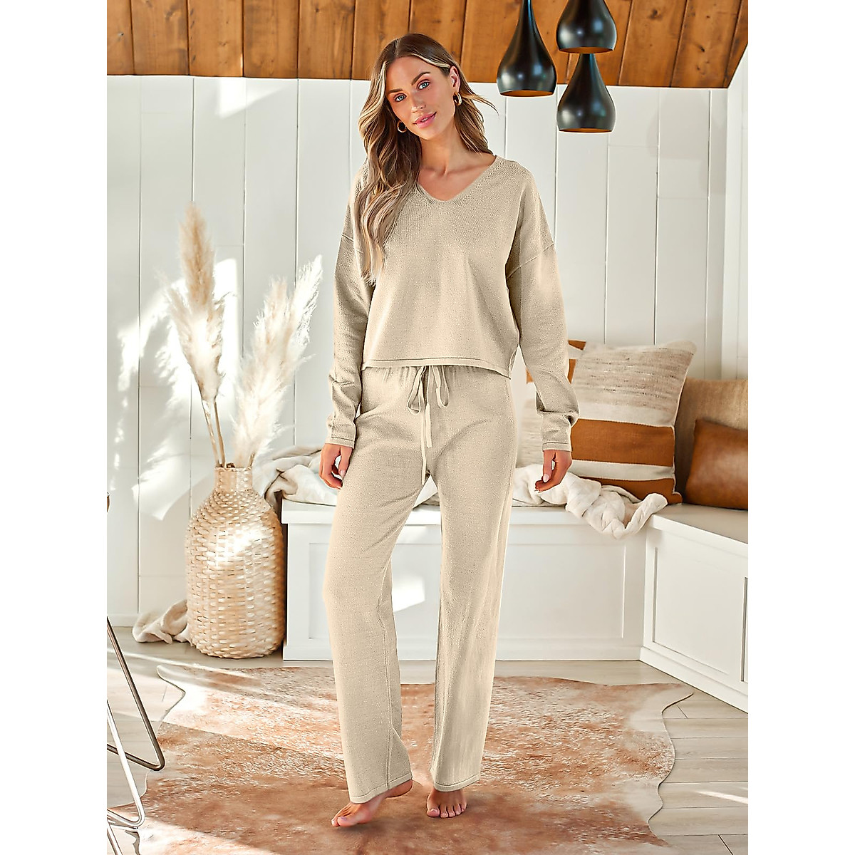 LILLUSORY Women's Two Piece Outfits Sweater set Knit Top Set And Loose Wide Leg Pants Lounge Sweatsuit