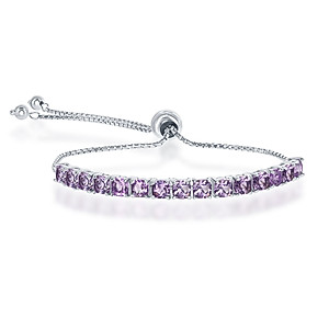 925 Sterling Silver Natural 4mm Amethyst Gemstone Birthstone Women's Adjustable Tennis Bracelet