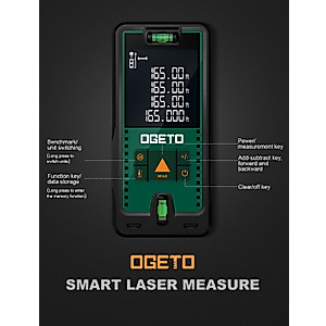 Laser Measure, Ogeto 165 Feet Digital Laser Distance Meter with 2 Bubble Levels,M/in/Ft Unit Switching Backlit LCD and Pythagorean Mode, Measure Distance, Area and Volume
