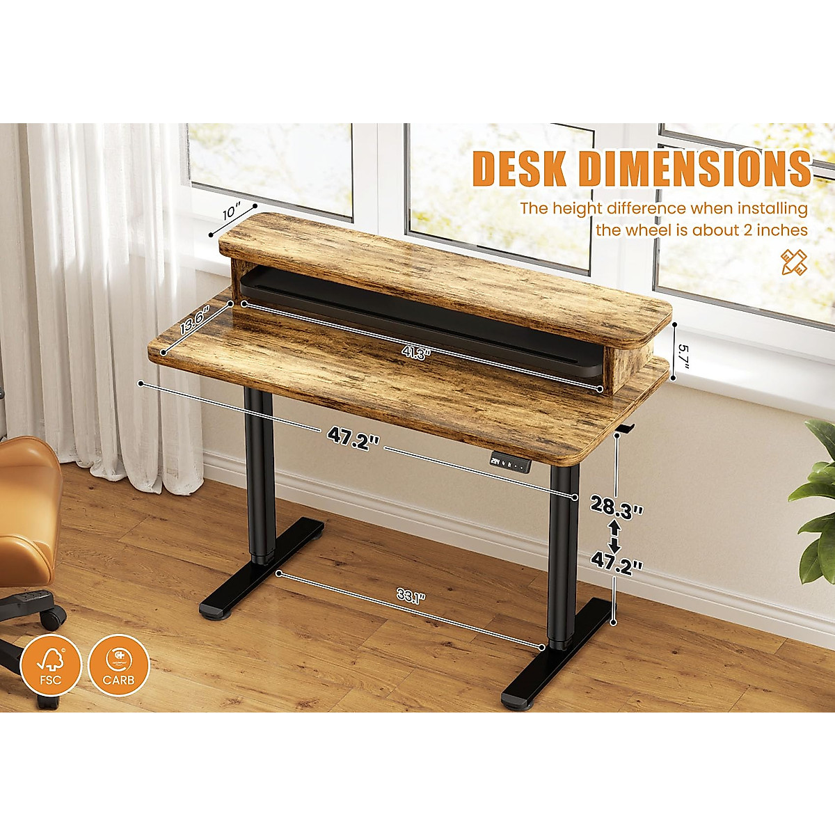 Flycity Electric Standing Desk with Dual Monitor Stand, Height Adjustable Desk Sit Stand Desk with Memory Controller, Casters & 2 Hooks, Low Noise Home Office Desk (Rustic Brown, 48" x 24")