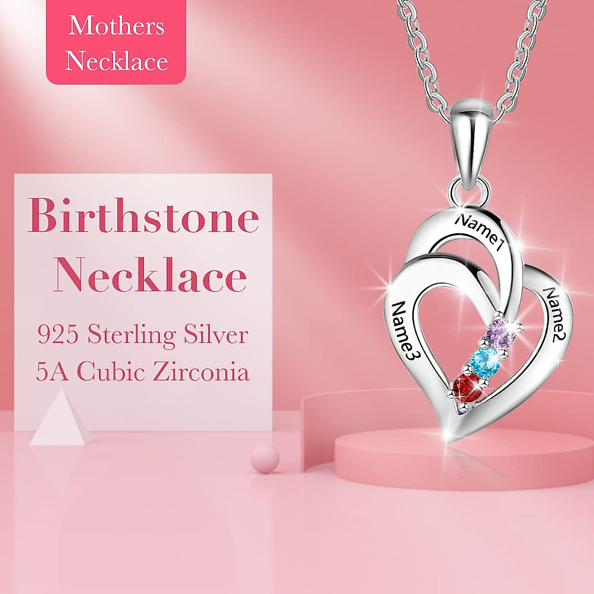 Name Necklace for Women Personalized Mothers Day Gifts for Mom Birthstone Necklace for Mother Daughter Custom Gifts for Women Wife Girlfriend (Engrave Name, 3 stone-1)