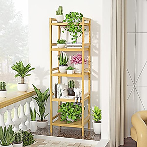 Homykic Bamboo Bookshelf, 5-Tier Narrow 55.9” Adjustable Book Shelf Bookcase Bathroom Shelves Freestanding Storage Stand for Living Room, Bedroom, Kitchen, Rust Resistance, Easy Assembly, Natural