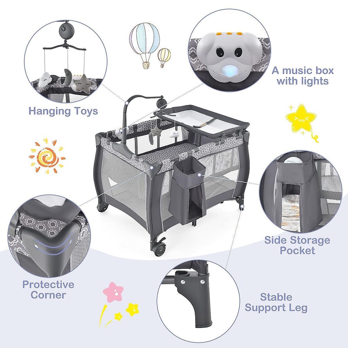 INFANS 3 in 1 Pack and Play, Portable Travel Baby Crib Bassinet with Detachable Mattress, Newborn Changing Table, Foldable Playpen with Carry Bag and 2 Wheels (Classic)