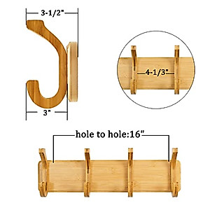 Honsky Wall Mounted Coat Rack, 17” Wall Coat Rack with 4 Hooks,Bamboo Coat Hook Wall Mounted,Large Coat Hanger Wall Mounted for Hanging Coat,Clothes,Jacket,Natural