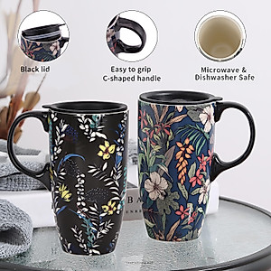 TZSSP Coffee Ceramic Mug Porcelain Latte Tea Cup With Lid 17oz. 2pack Blue and Black